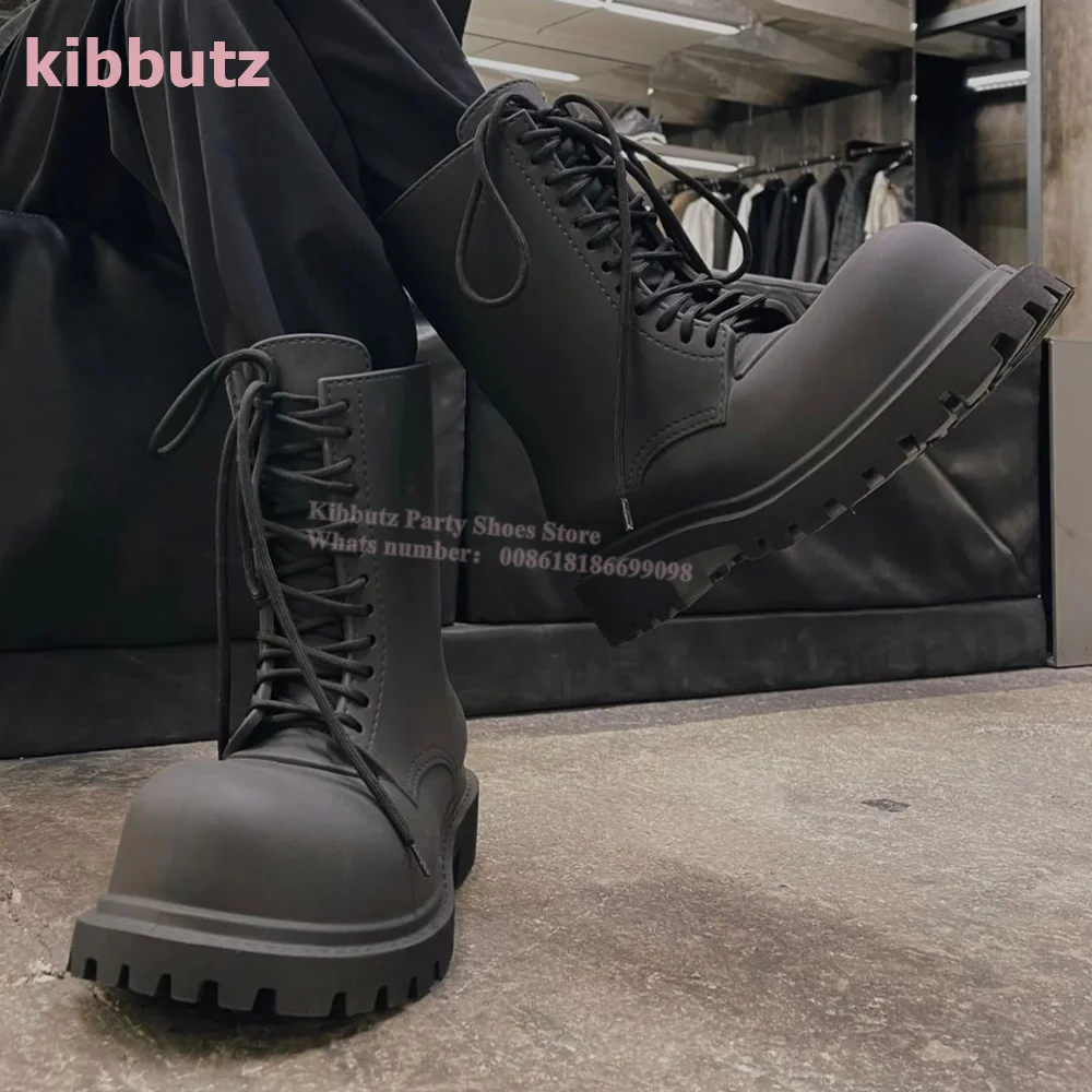 Thick-Sole-Big-Head-Knight-Boots-Lace-Up-Genuine-Leather-Solid-Black ...