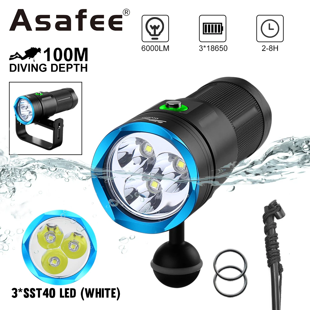 Asafee-SST40-LED-Lamp-6000LM-100M-Underwater-Torch-SOS-Light-IPX8 ...