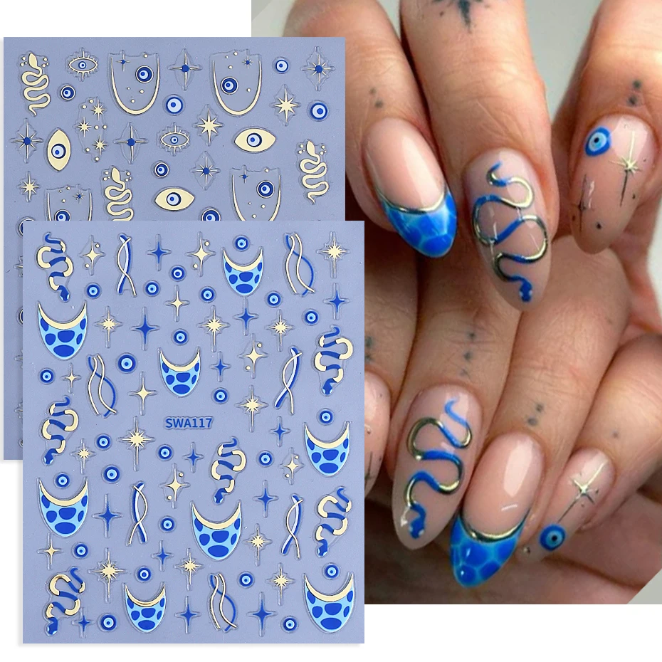 2pcs Metallic Evil Eye Nail Stickers Blue Gold Snake French Line ...