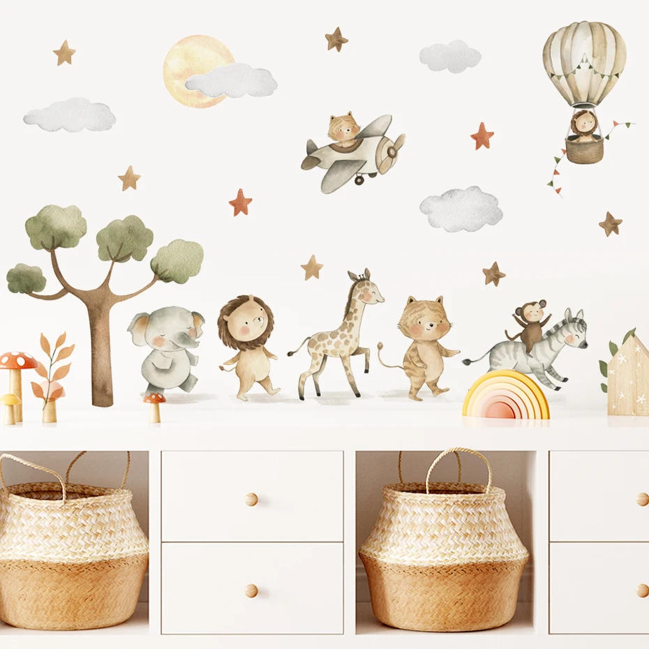 Watercolor-Cartoon-Cute-Animals-Wall-Stickers-Elephant-Giraffe-Tiger ...
