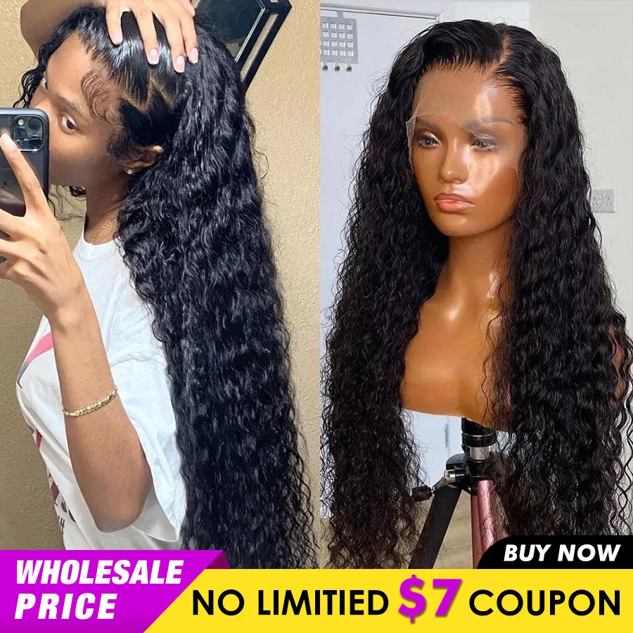250% 13x4 Water Wave Lace Front Wig Glueless Deep Wave Hd Transparent Lace Frontal Wig 32" Curly ...