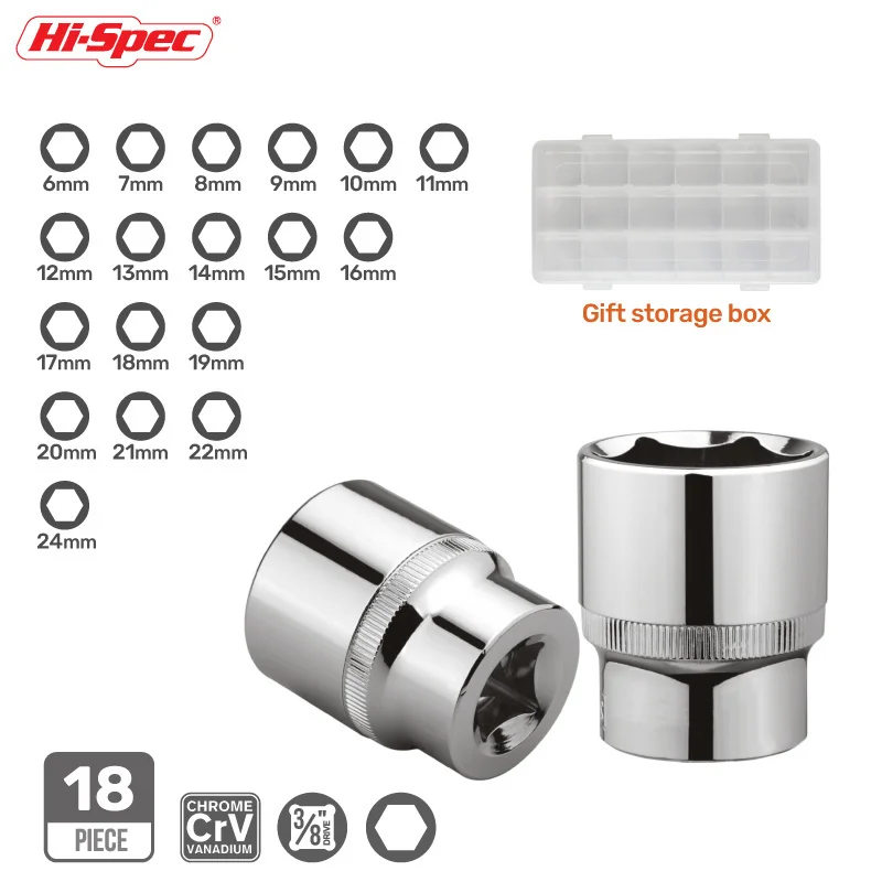 18PC Hex Drive Socket Sleeve Set 3/8" Combination Socket Kit 6-24mm ...