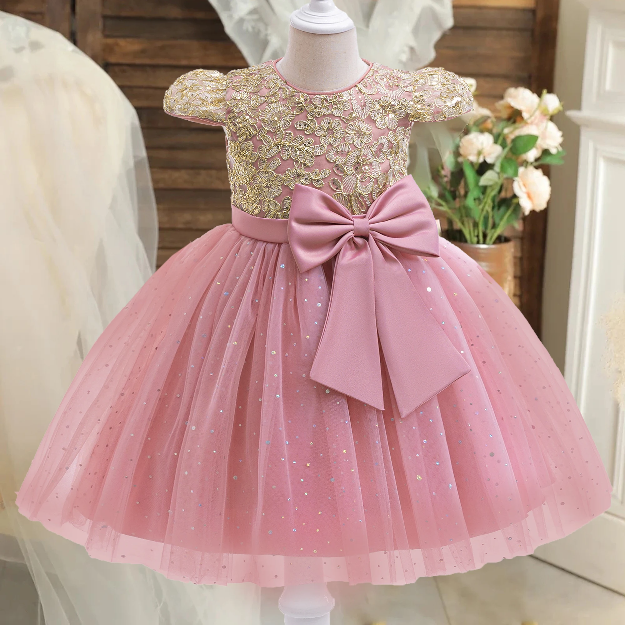 Elegant Flower Sequin Party Girls Dresses Bow Birthday Bridesmaid Prom ...
