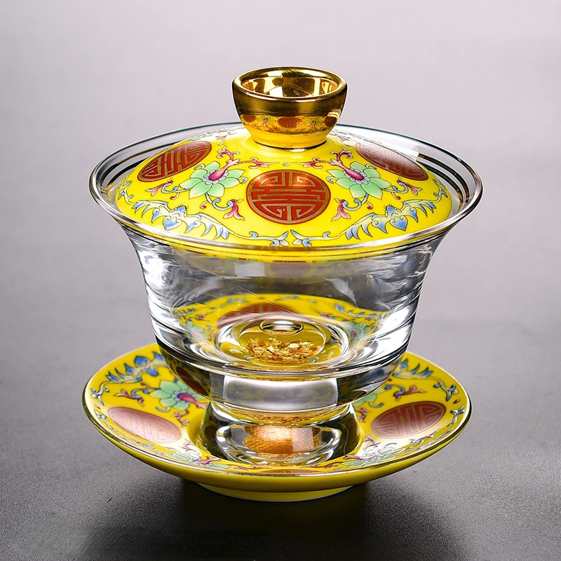 Enamel Colored Glass Gaiwan Puer Tea Bowls Crystal Tea Bowl Tureen Lid ...