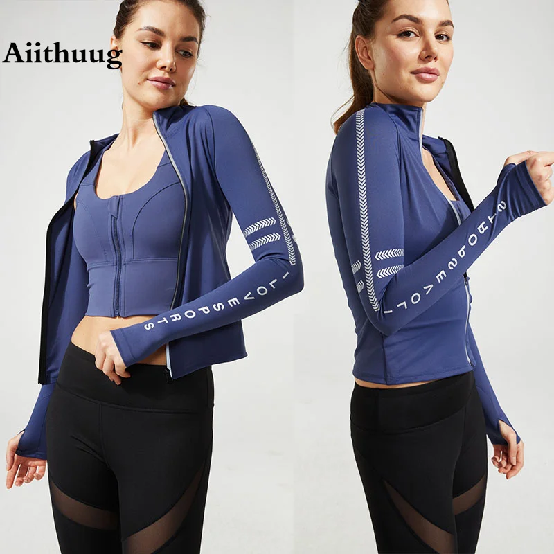 Aiithuug Women Sports Shirts With Zipper Printing Letter Blouse Fitness