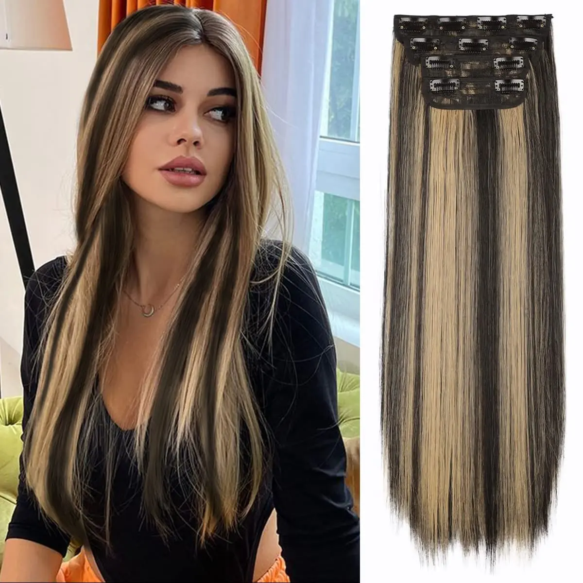 4pcs-24inch-Natural-Black-Mix-Bleach-Blonde-Highlights-Extensions-Clip ...