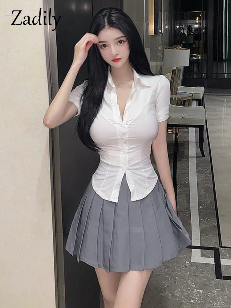 Zadily-2023-Summer-Korean-Style-Short-Sleeve-Slim-White-Shirt-Women-Sexy-Office-Waist-Tight ...
