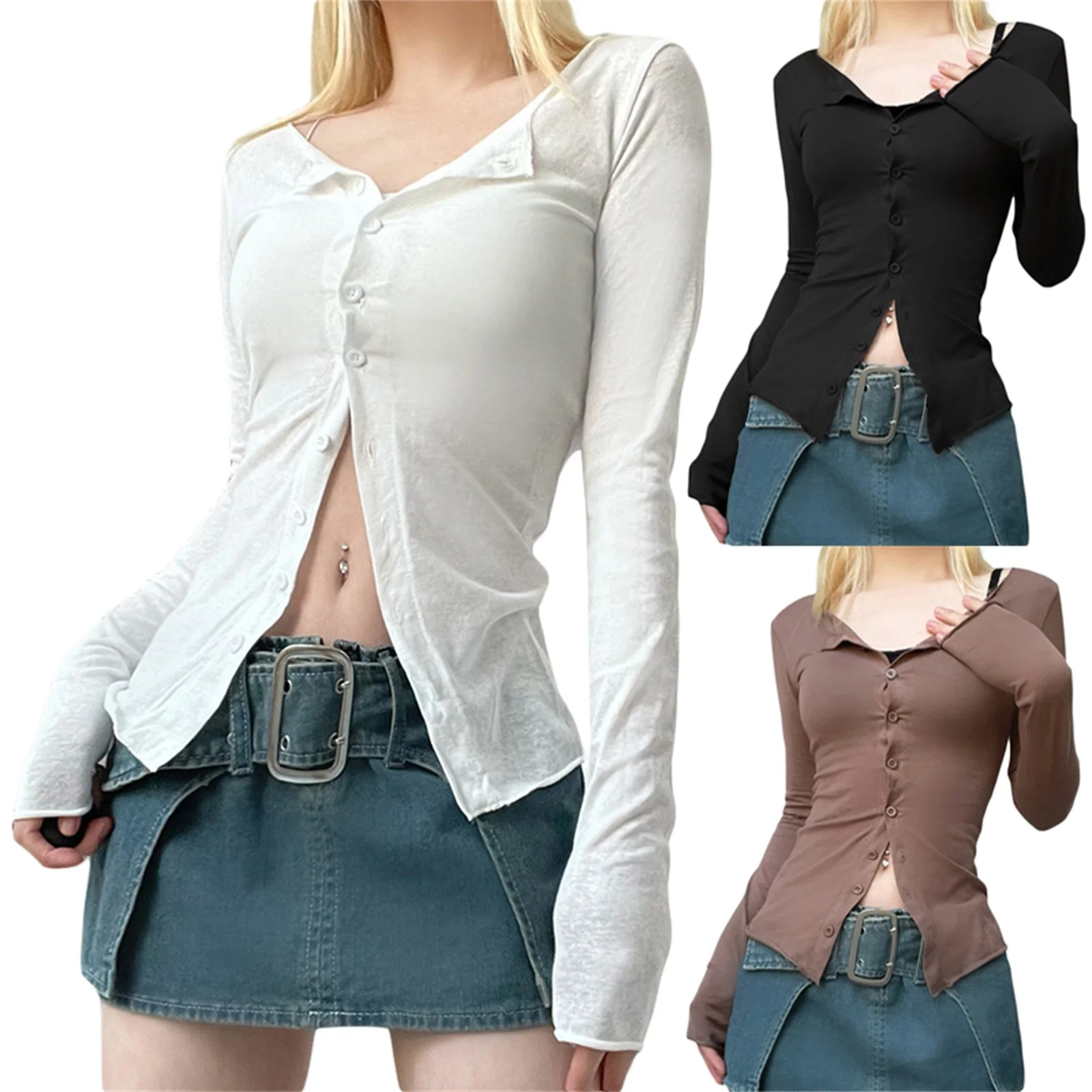 Women Tight Long Sleeve Crop Tops Low Cut Deep V Neck Backless Shirt ...