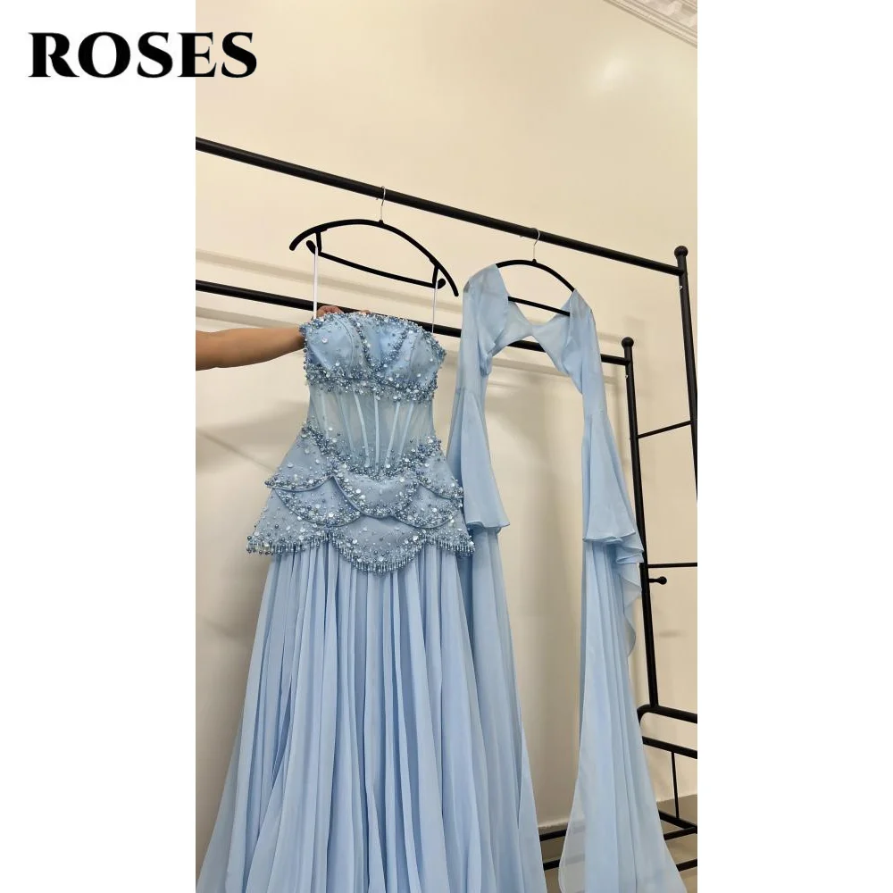ROSES Sky Blue فساتين السهرة Strapless Gala Dress Pleat Beading A-line ...