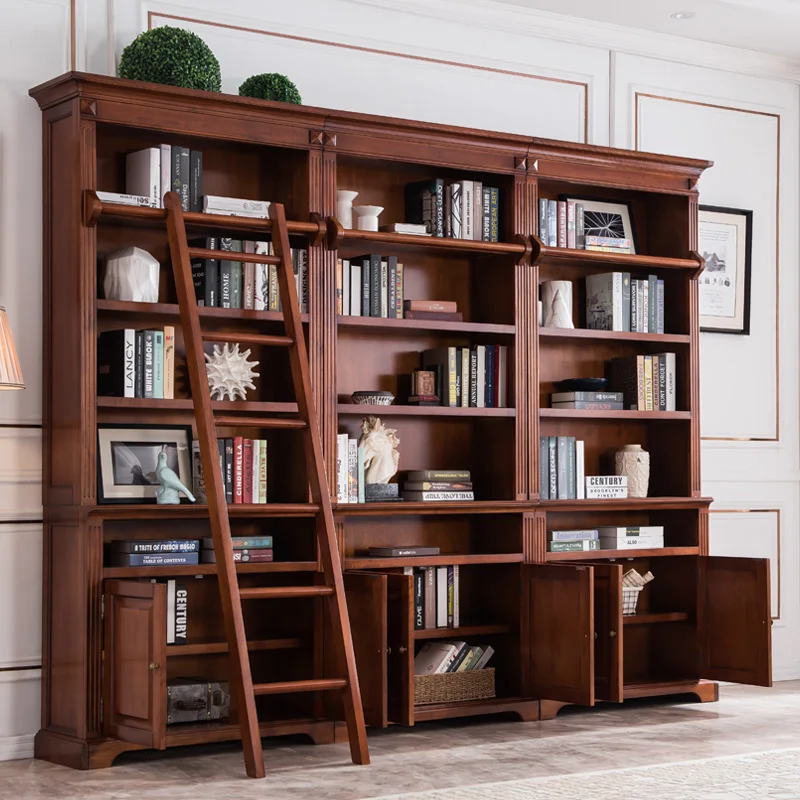 American solid wood bookcase integrated wall to wall combination ...