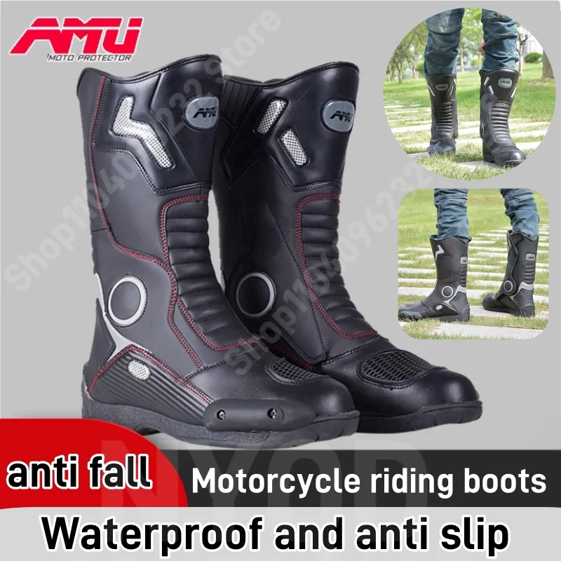 AMU Motorcycle Riding Boots Winter High Top Motorcycle Boots Waterproof ...