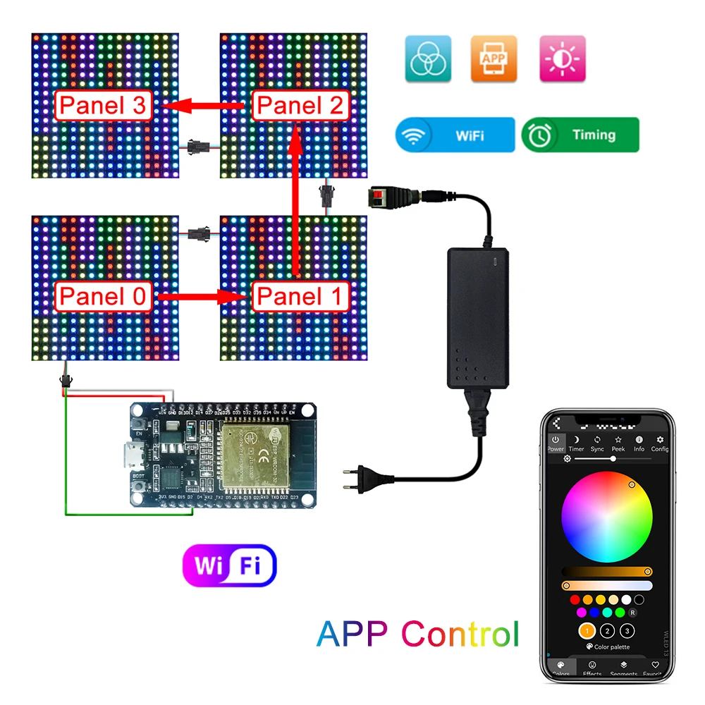 1000-LED-Matrix-16x16-32x32-DIY-Power-Control-WLED-Wifi-ESP32-Board-Flexible-Addressable-Pixel ...