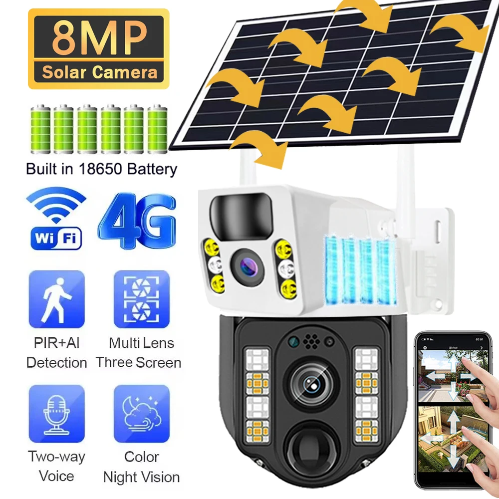 4K 8MP Dual Lens Solar 4G WiFi Camera Wireless Battery Low Powered IP ...