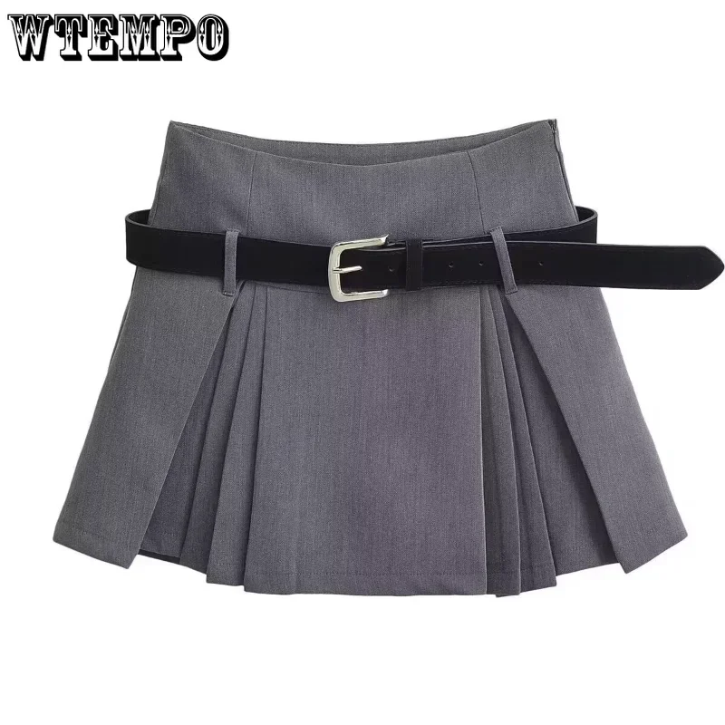 Preppy-Style-Pleated-Skirt-Gift-Belt-High-Waist-Women-A-line-Gray-Skirt ...