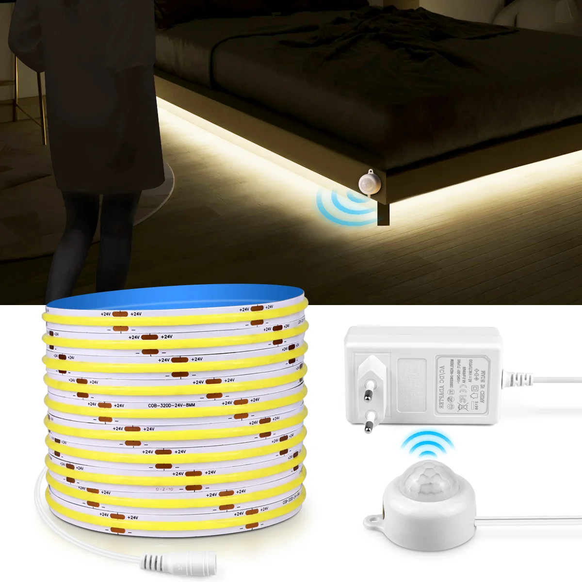 PIR-Motion-Sensor-COB-LED-Strip-Light-Fita-Escadas-Corredor-Quarto ...