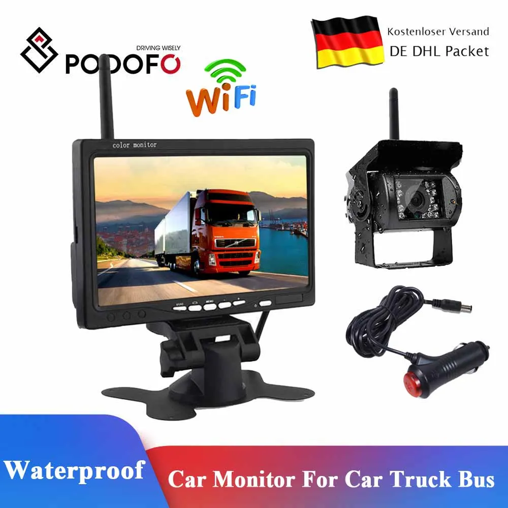 Podofo 7" HD LCD Waterprooof Wireless 12V 24V Backup Rear View Camera ...