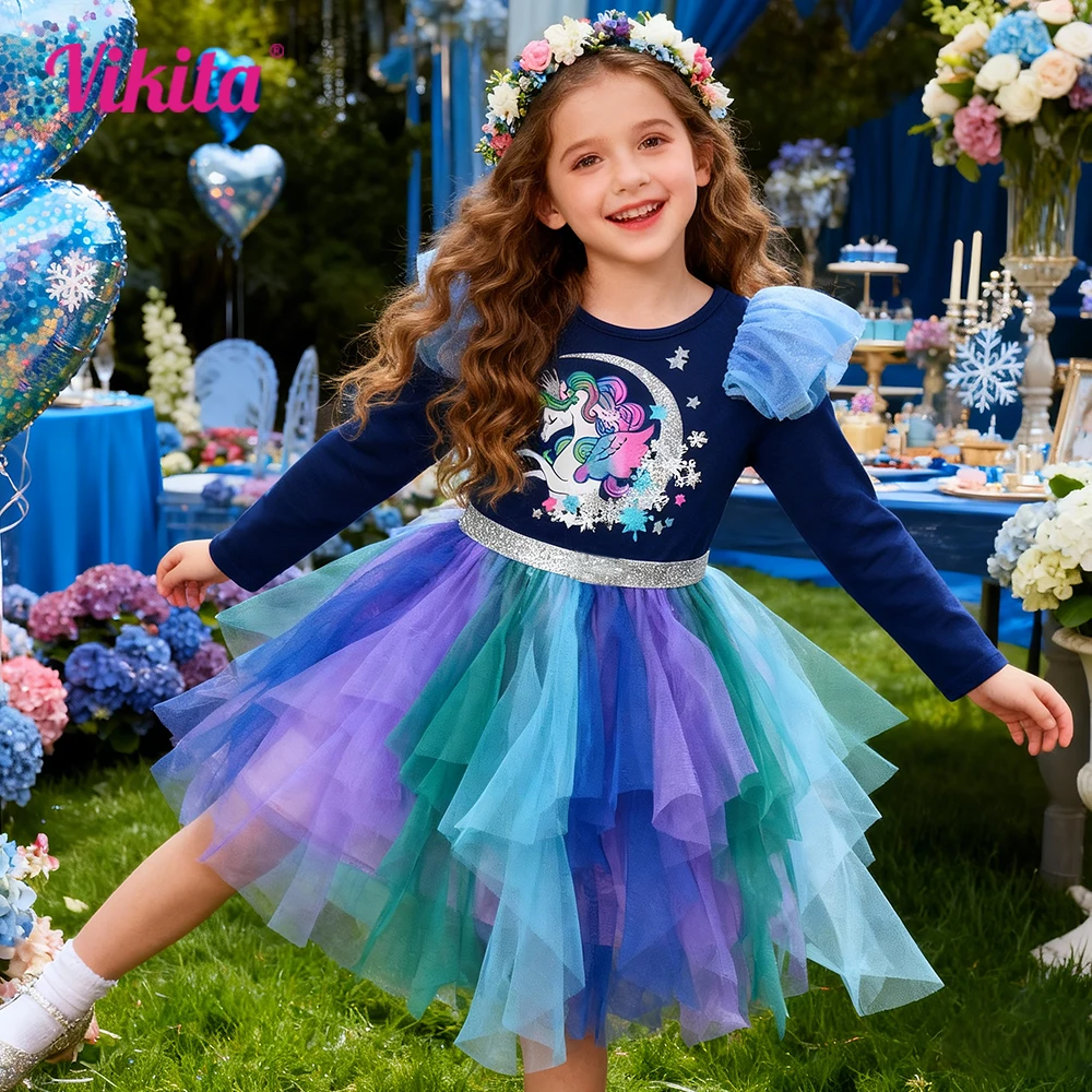 Girls Ruffles Sleeve Navy Blue Autumn Spring Frocks Unicorn Star ...