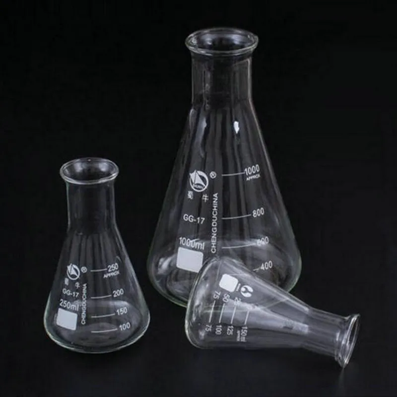 50ml ~ 250ml 트럼펫 모양의 유리 삼각 플라스크 유리 원뿔형 플라스크 실험실 유리 삼각형 플라스크 붕규산 유리 파이렉스 4 개conical Flask