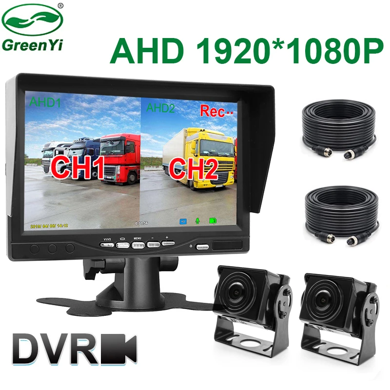 Greenyi 2 채널 차량 AHD DVR 모니터, 1920*1080P 7 인치 전면 후면 백업 카메라와 디지털 비디오 레코더 ...