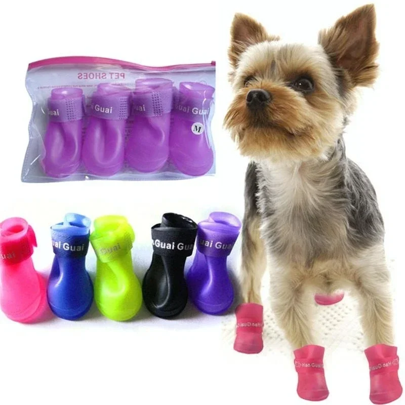 4Pcs-Pet-Dog-Shoes-Candy-Color-Waterproof-Booties-Rubber-Shoes-Rain ...