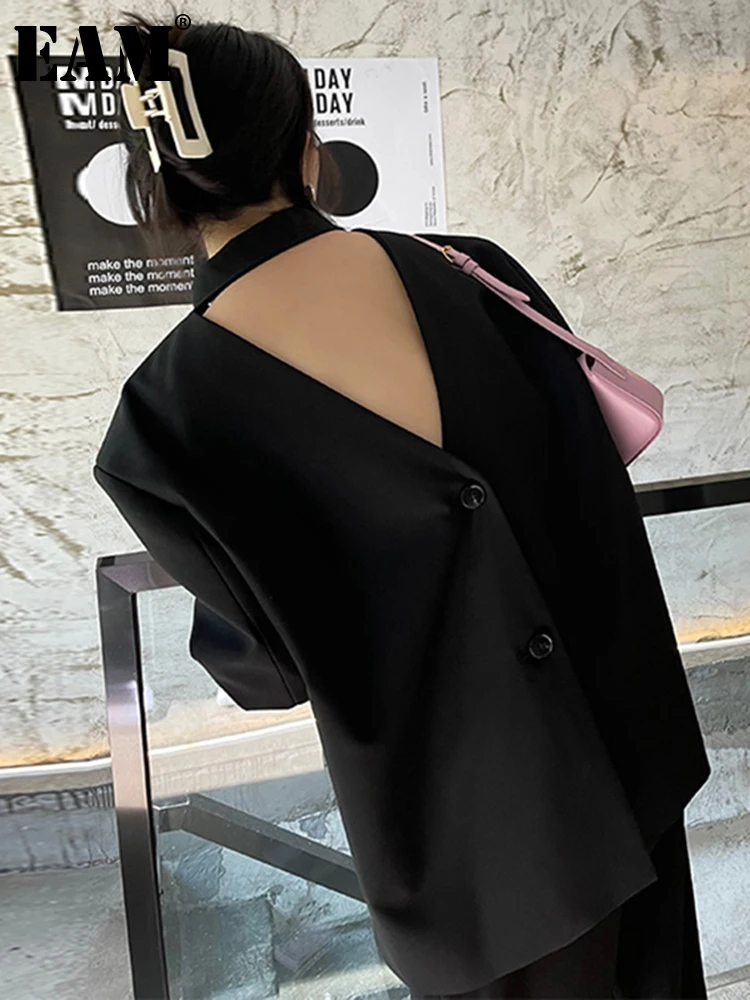 [eam] Women Black Backless Big Size Blazer New Lapel Long Sleeve Loose ...