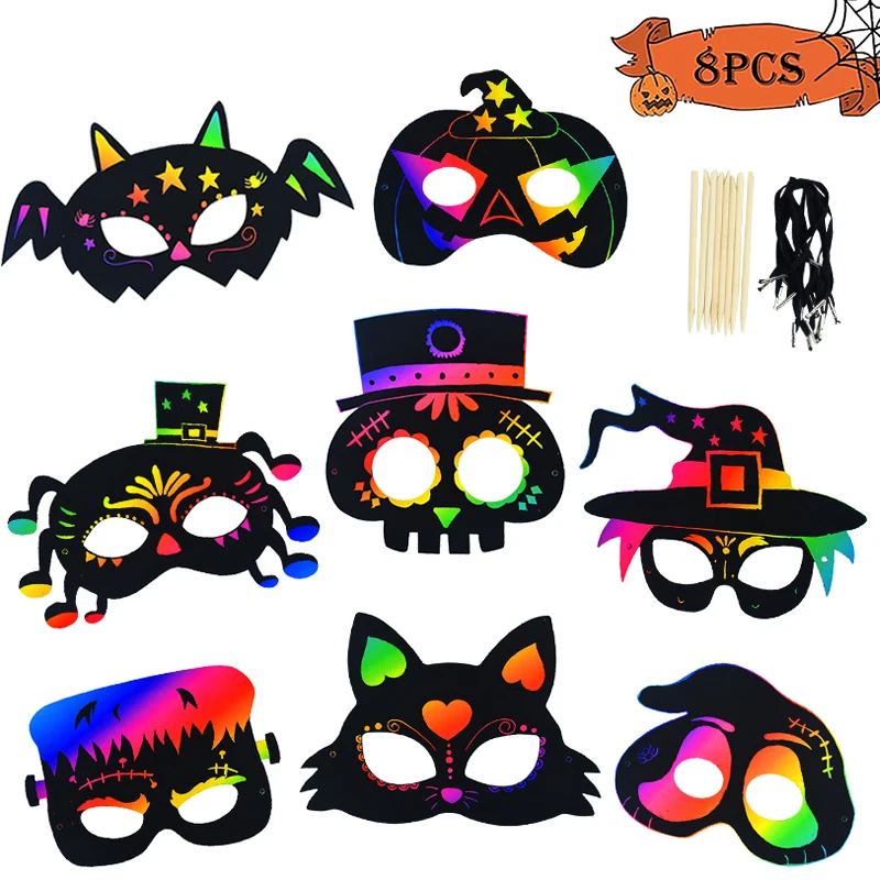 8Pcs-Halloween-DIY-Scratch-Masks-Magic-Rainbow-Color-Kids-Painting-Gift ...