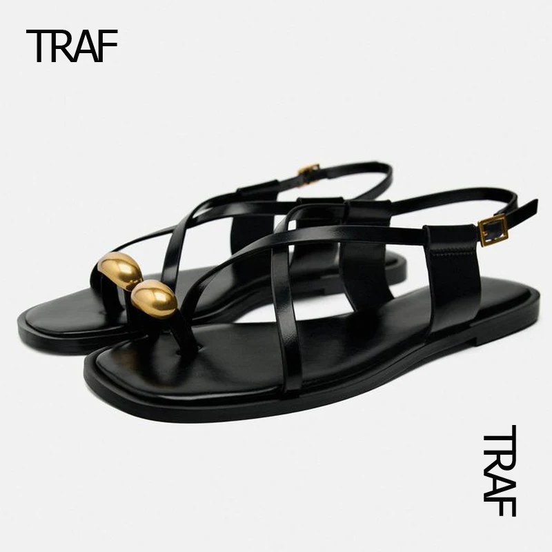 TRAF-Sandalias-planas-de-Metal-para-mujer-chanclas-de-cuero-con-tiras ...