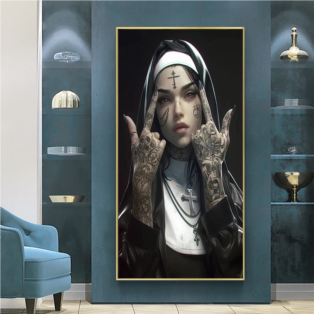 Sexy-Tattoo-Machine-Gun-Nun-Poster-Print-Christian-Smoking-Nun-Canvas ...