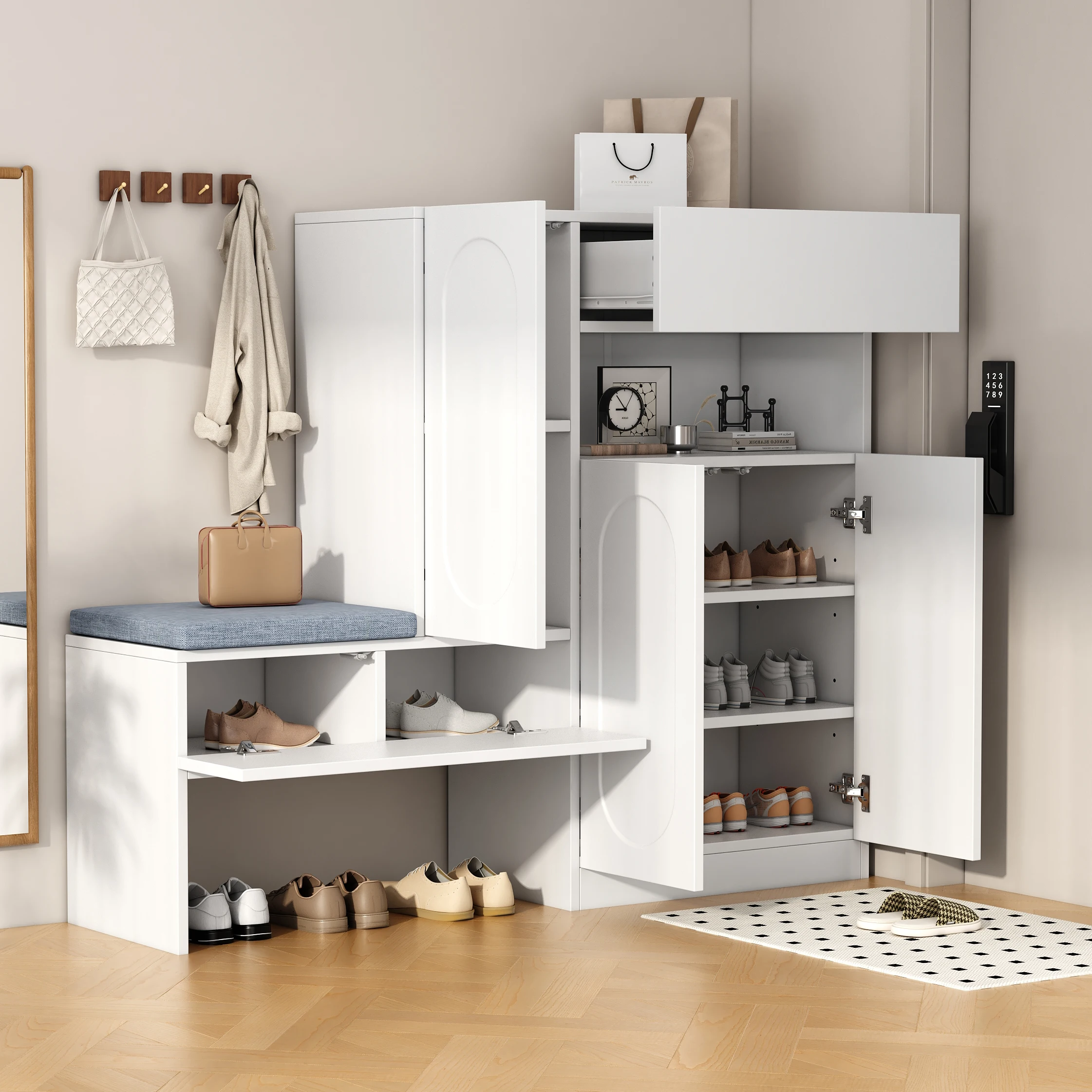 Shoe cabinet with padded bench and soft close flaps, adjustable shelves ...