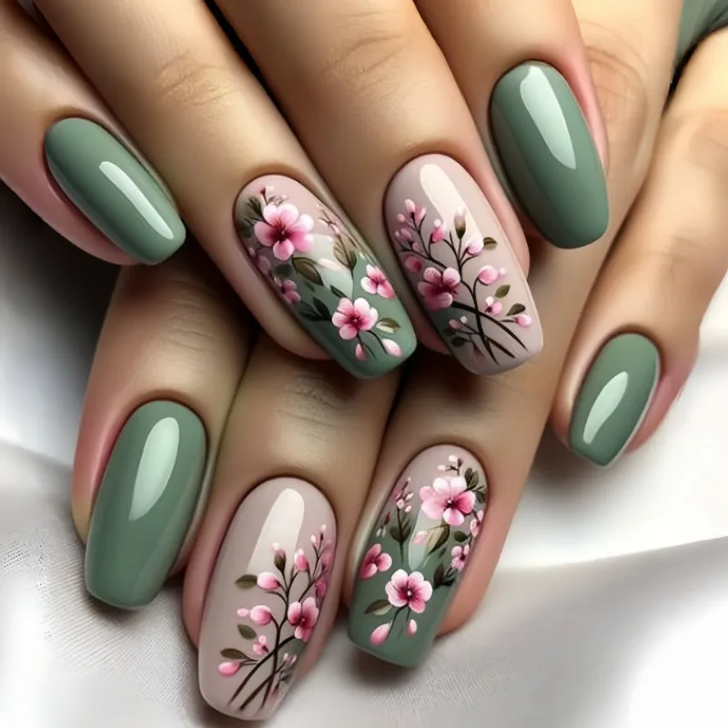 24 Pcs Green Press on Nails Set with Glue Medium Short Stick-on Nails ...