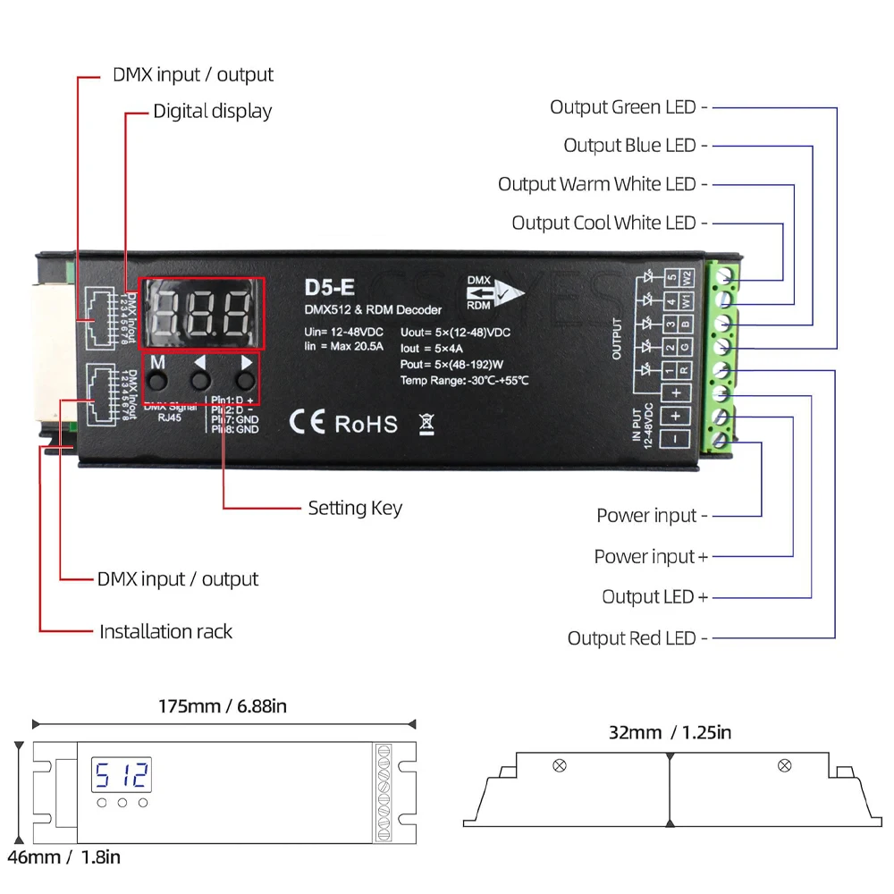5 Channel DMX Decoder with RDM Digital Display,DMX512 Dimmer Driver PWM ...