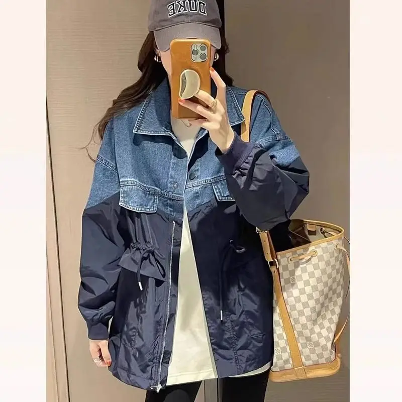 Denim Patchwork Windbreaker Jacket Women Spring Autumn Fashion False ...