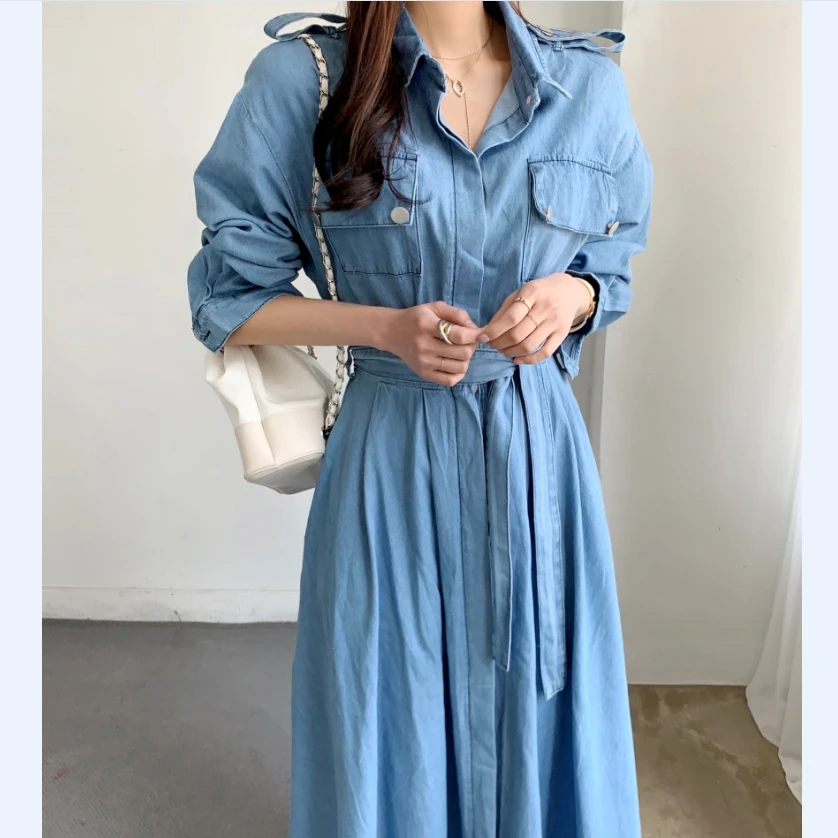 Vintage-Sashes-Turn-don-Collar-Women-Denim-Dress-Full-Sleeve-Single ...