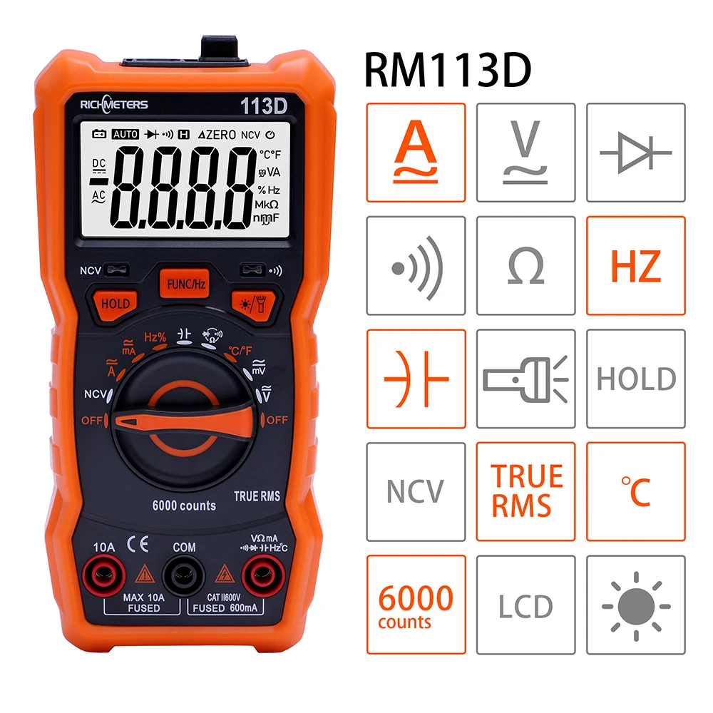 RICHMETERS-RM113D-NCV-Digital-Multimeter-6000-Counts-Auto-Ranging-AC-DC ...