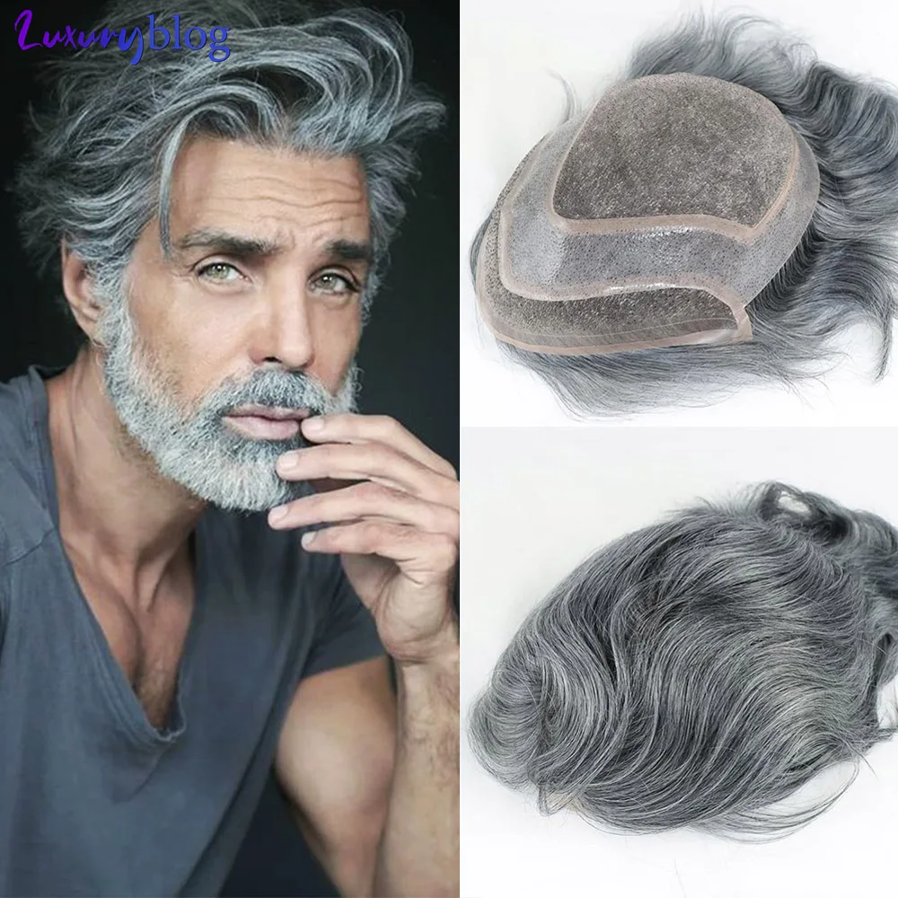 Gris hommes cheveux capillaire prothèse 100% cheveux humains toupet ...