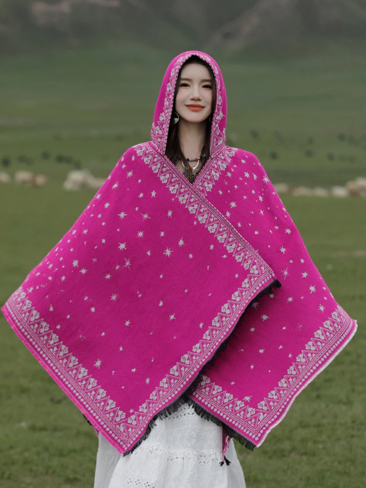 Poncho Woman Geometric Fringed Shawl Autumn Winter Split Thermal Cape ...