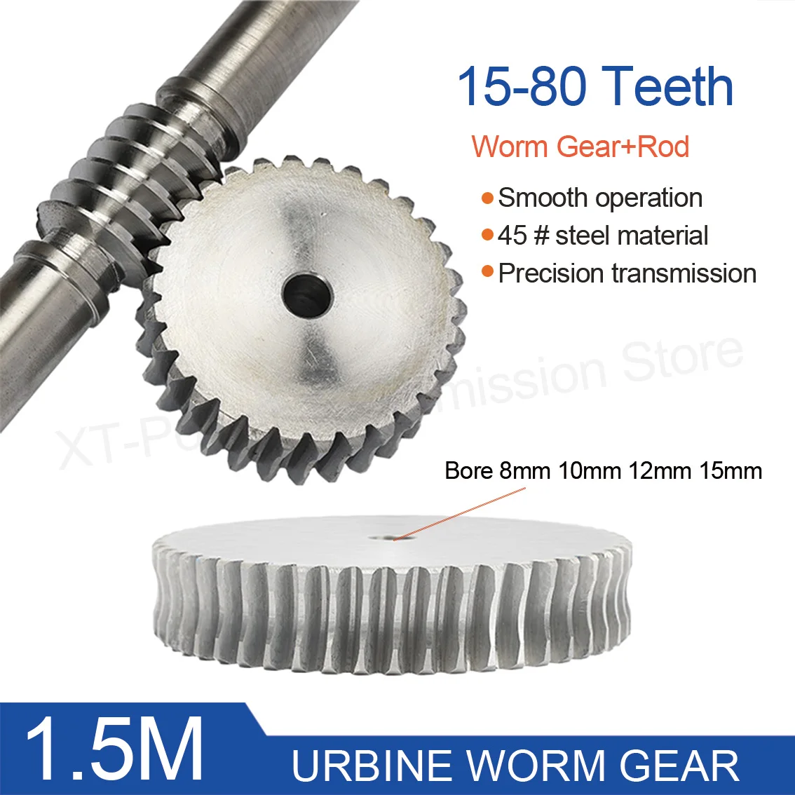 1 Set 15-80 Teeth 1.5M 45 # Steel Worm Gear with Rod Bore 8mm 10mm 12mm ...