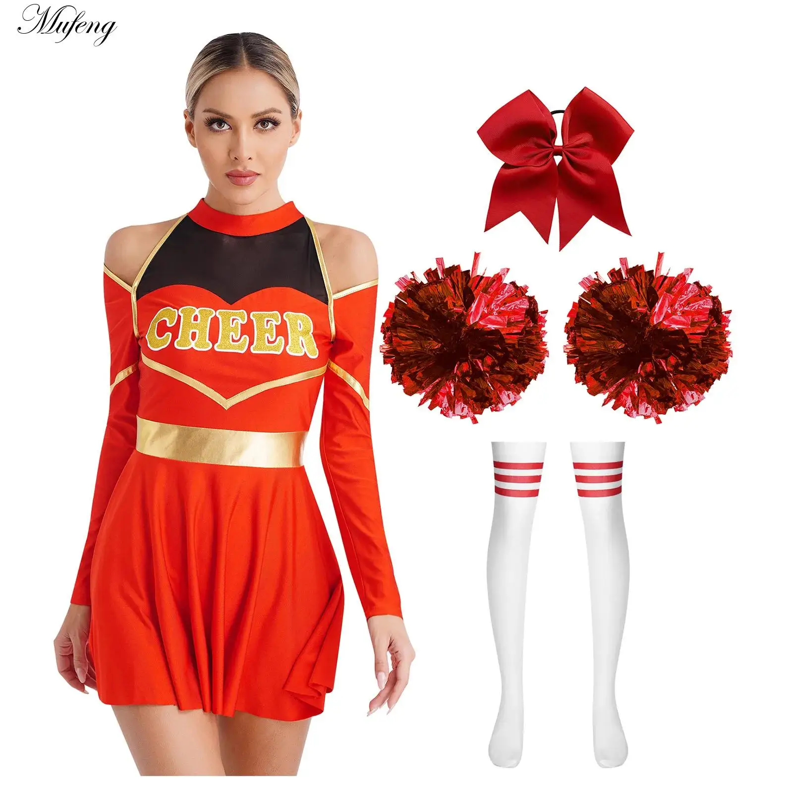 Cheerleader-Outfit-Cheering-Uniform-Women-Girls-Long-Sleeve-Dress-with ...
