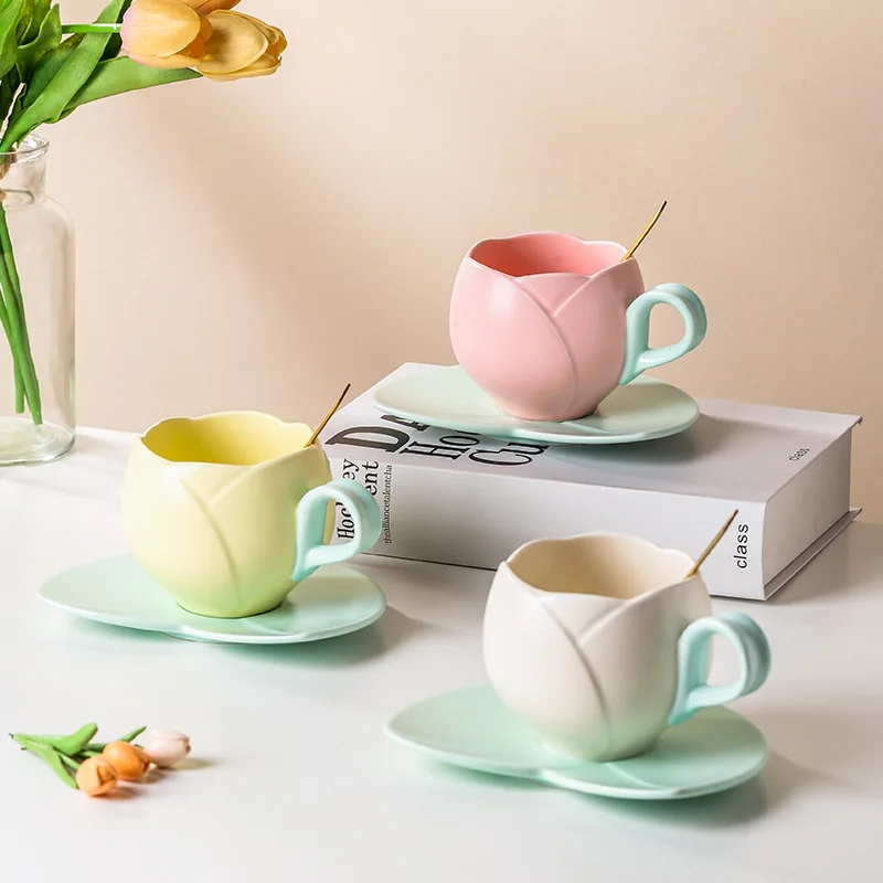 300ML-Flower-shaped-Ceramic-Mug-with-Spoon-Coffee-Cup-Simple-Modern ...