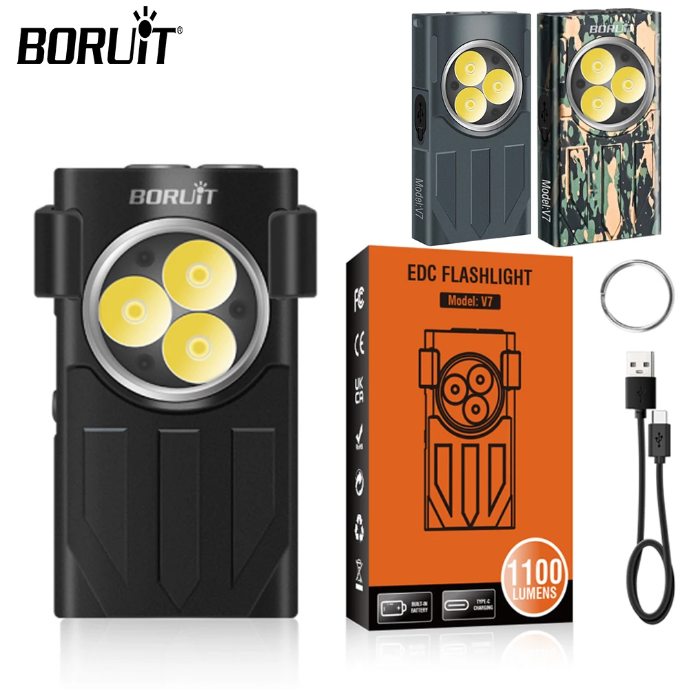 BORUiT V7 EDC Flashlight 1100LM Keychain Flashlight Type C Rechargeable ...