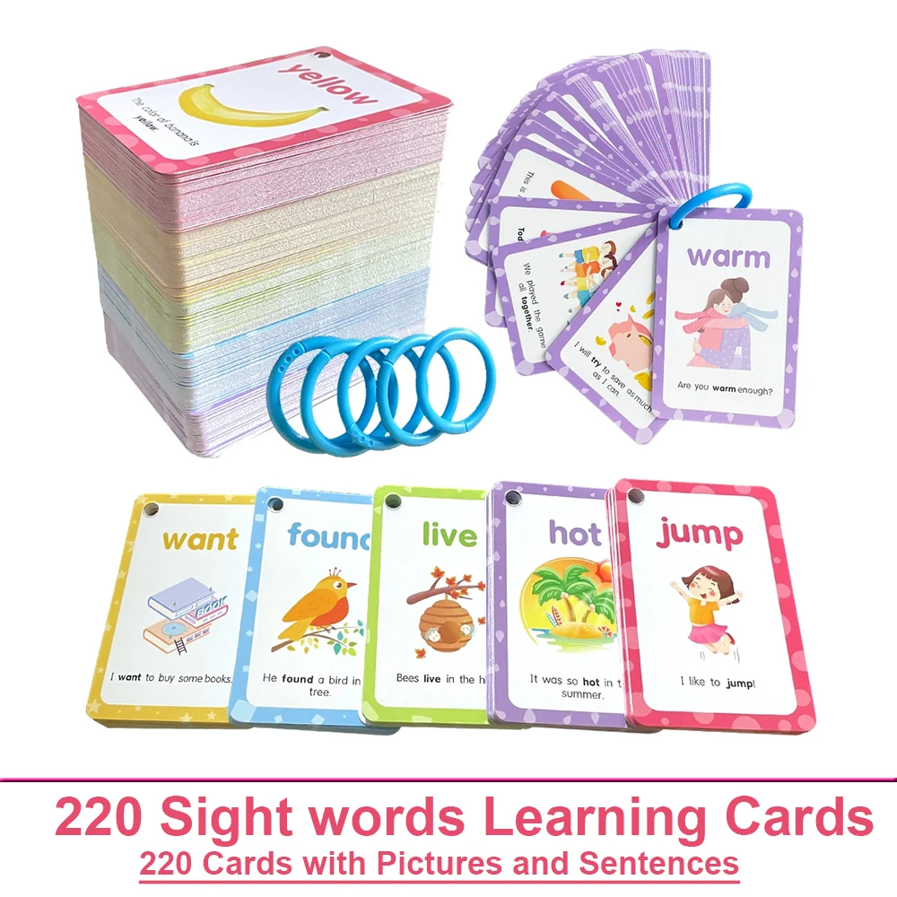 220-Sight-Words-Flashcards-with-Pictures-and-Sentences-5-Levels-High ...