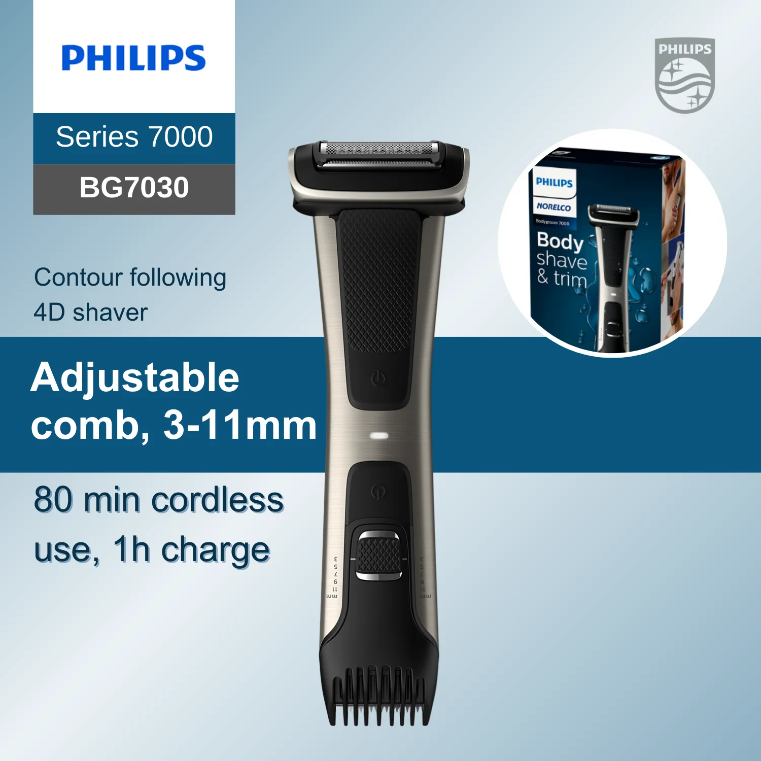 Philips-Norelco-Bodygroom-Series-7000-BG7030-Adjustable-Comb-3-11mm-ContourFollowing-4D-Shaver ...