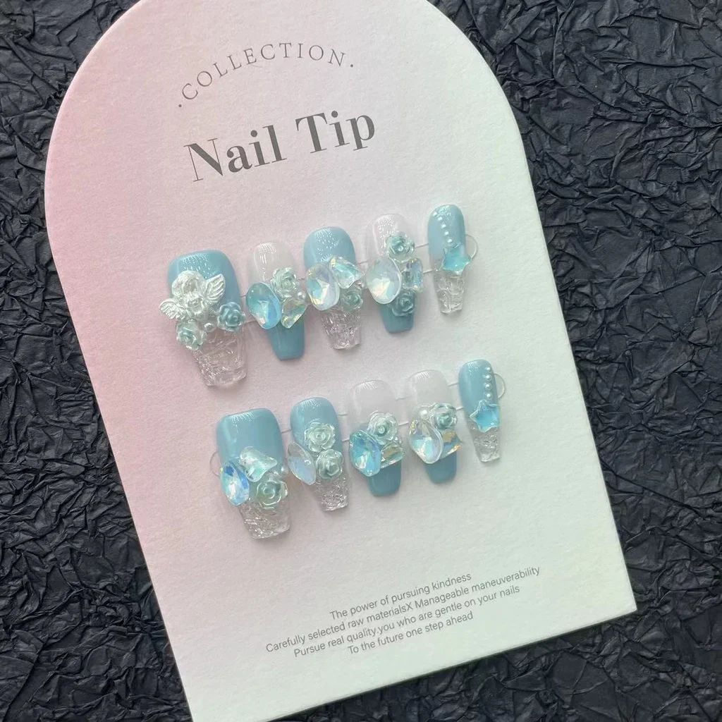 Blue-Angel-Rose-Pure-Handmade-Wearable-Nails-Blue-Ice-Summer-Rose-Fake ...