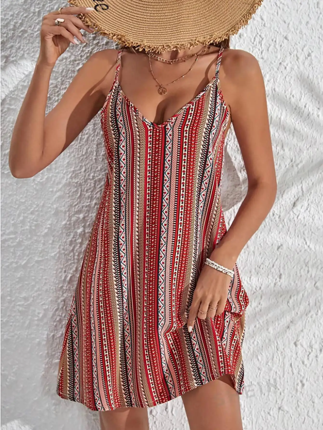 Vestido de mujer con estampado tribal a rayas, tirantes finos, corte A ...