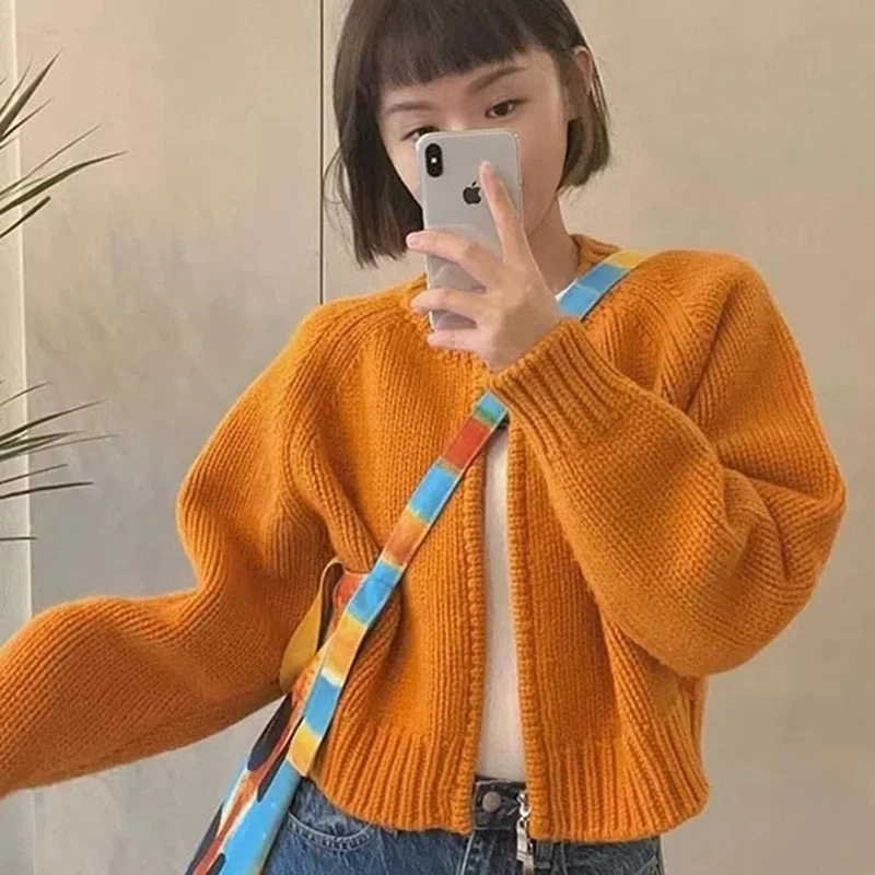 MEXZT Solid Knitted Cardigan Women Sweet Zipper Cropped Sweaters Korean ...