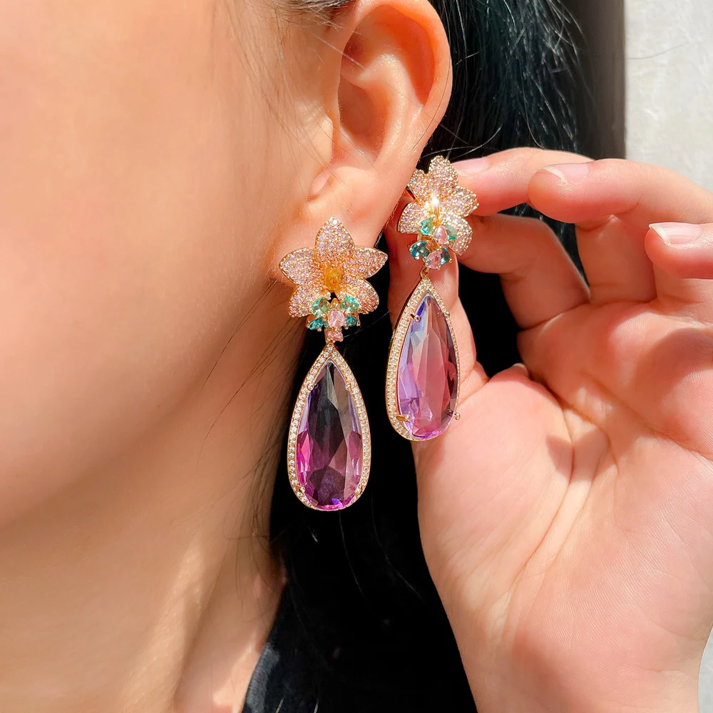 ThreeGraces Luxury Multicolor Zirconia Big Flower Long Water Drop ...