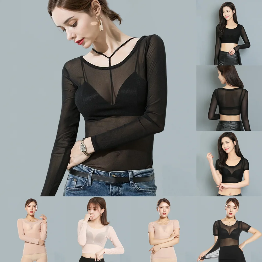 Sexy Women Solid Basic T-shirts Sheer Mesh Ultra-thin Lace Transparent Long Sleeve T Shirt Tops ...