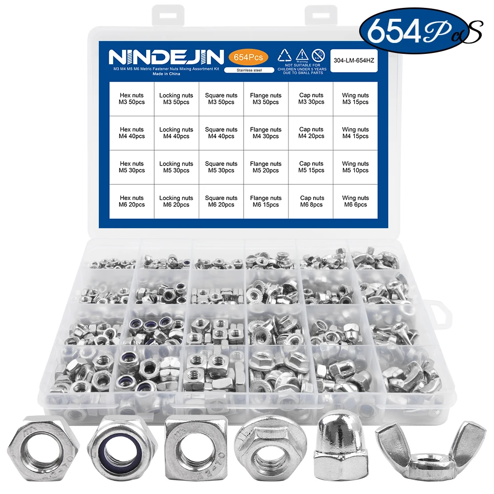 NINDEJIN-654pcs-Nut-Assortment-Kit-M3-M4-M5-M6-Stainless-Steel-Hex ...