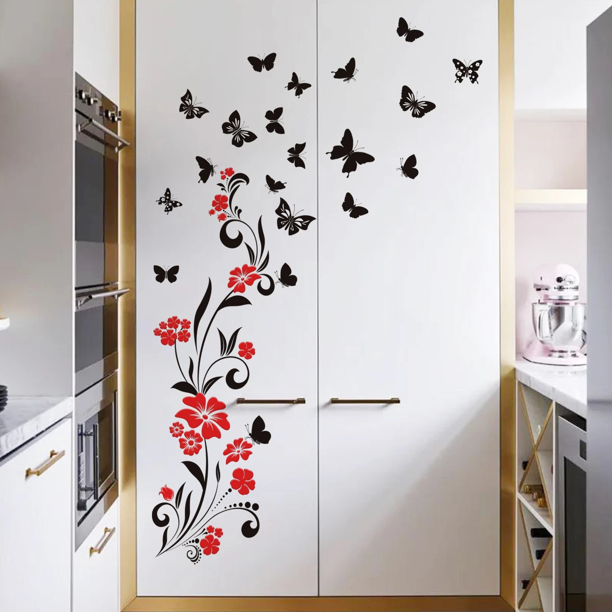 Black Butterfly Red Flower Vine Wall Stickers Fridge Cupboard Kitchen ...