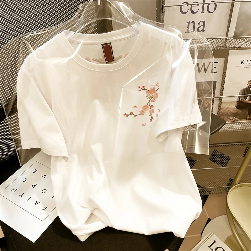 Japan-Style-Cherry-Blossoms-Embroidery-T-Shirts-Sexy-Women-Girls-Cotton ...